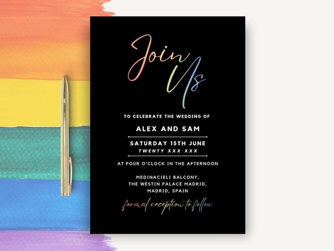 LGBTQ Wedding Invitation Template, Black Wedding Invite, Rainbow ...