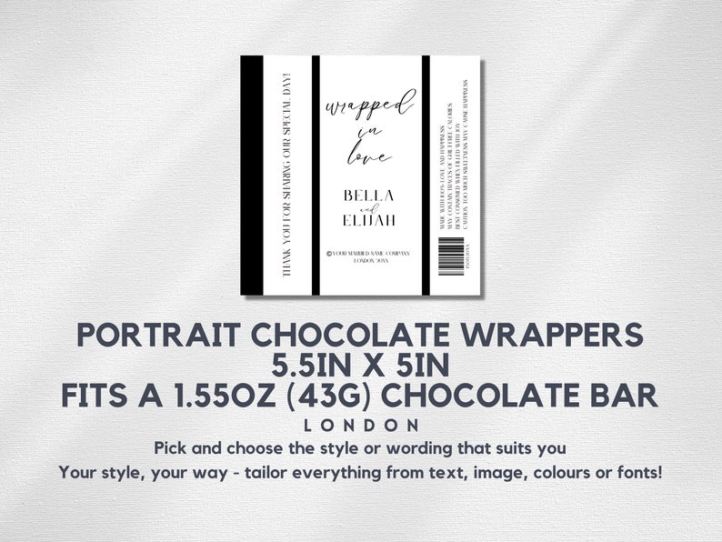 Chocolate Label Template, Minimalist Wedding Candy Bar Wrapper, Black ...