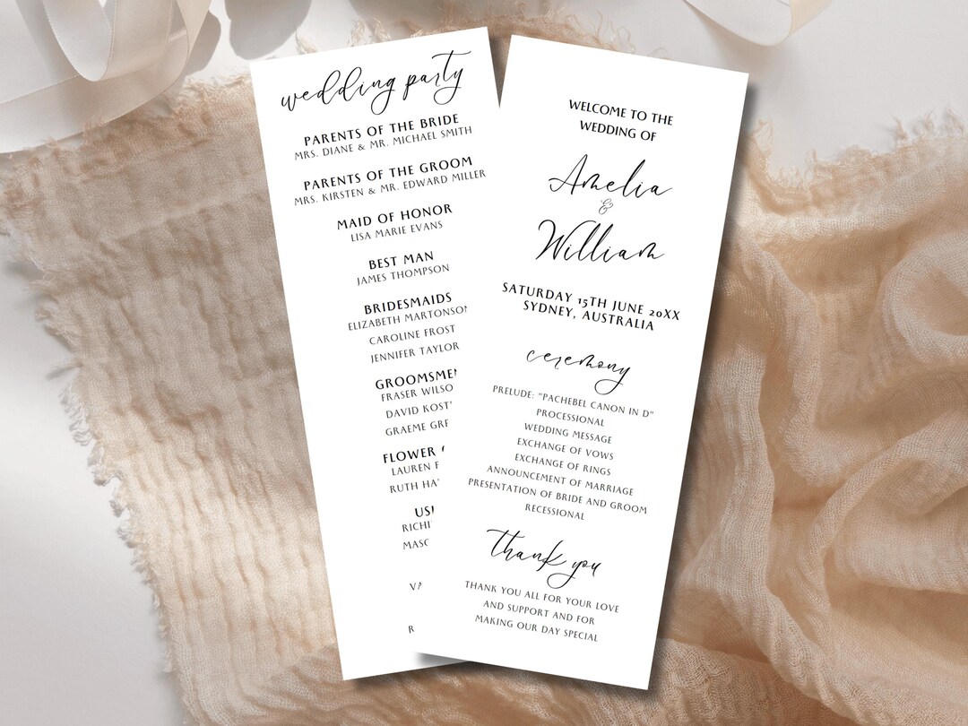 Wedding Program Template, Classic Wedding Order of Service Card, Black ...