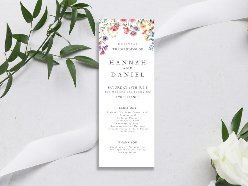 Double-sided Wedding Program Template, Wildflower Wedding Order of ...