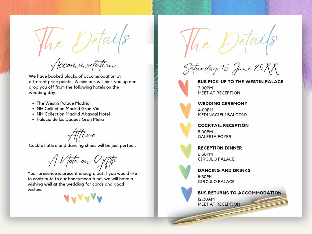 LGBTQ Wedding Details Card Template, Gay Wedding Weekend Itinerary ...
