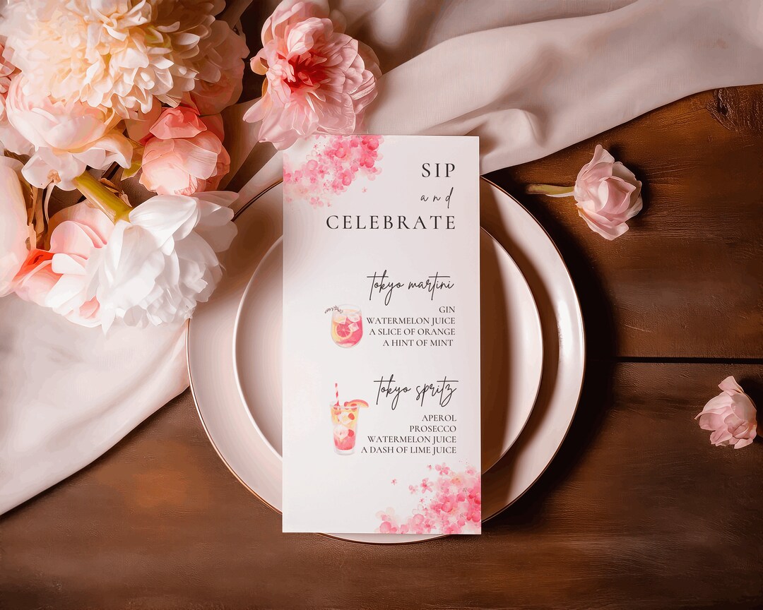 Wedding Cocktail Menu Template, Cherry Blossom Bar Menu, Printable ...