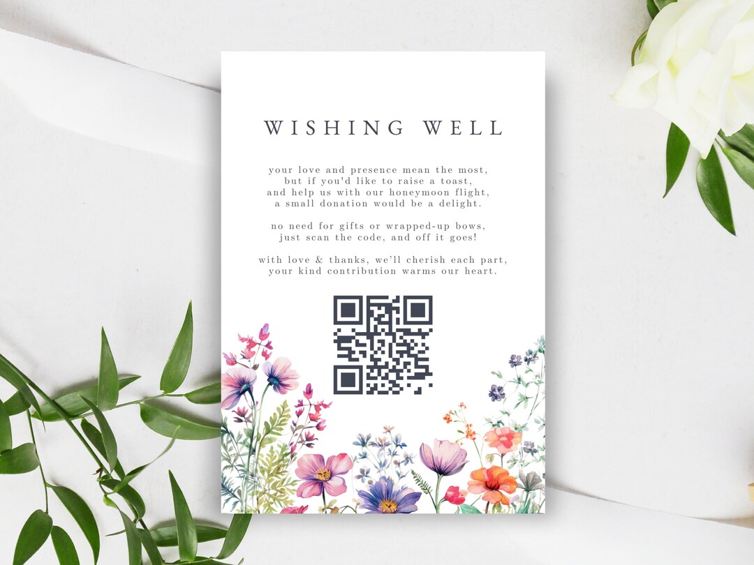 Wishing Well Card Template With QR Code, Wildflower Wedding Honeymoon ...