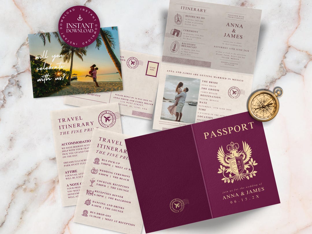 Passport Wedding Invitation Bundle Template, Destination Wedding ...