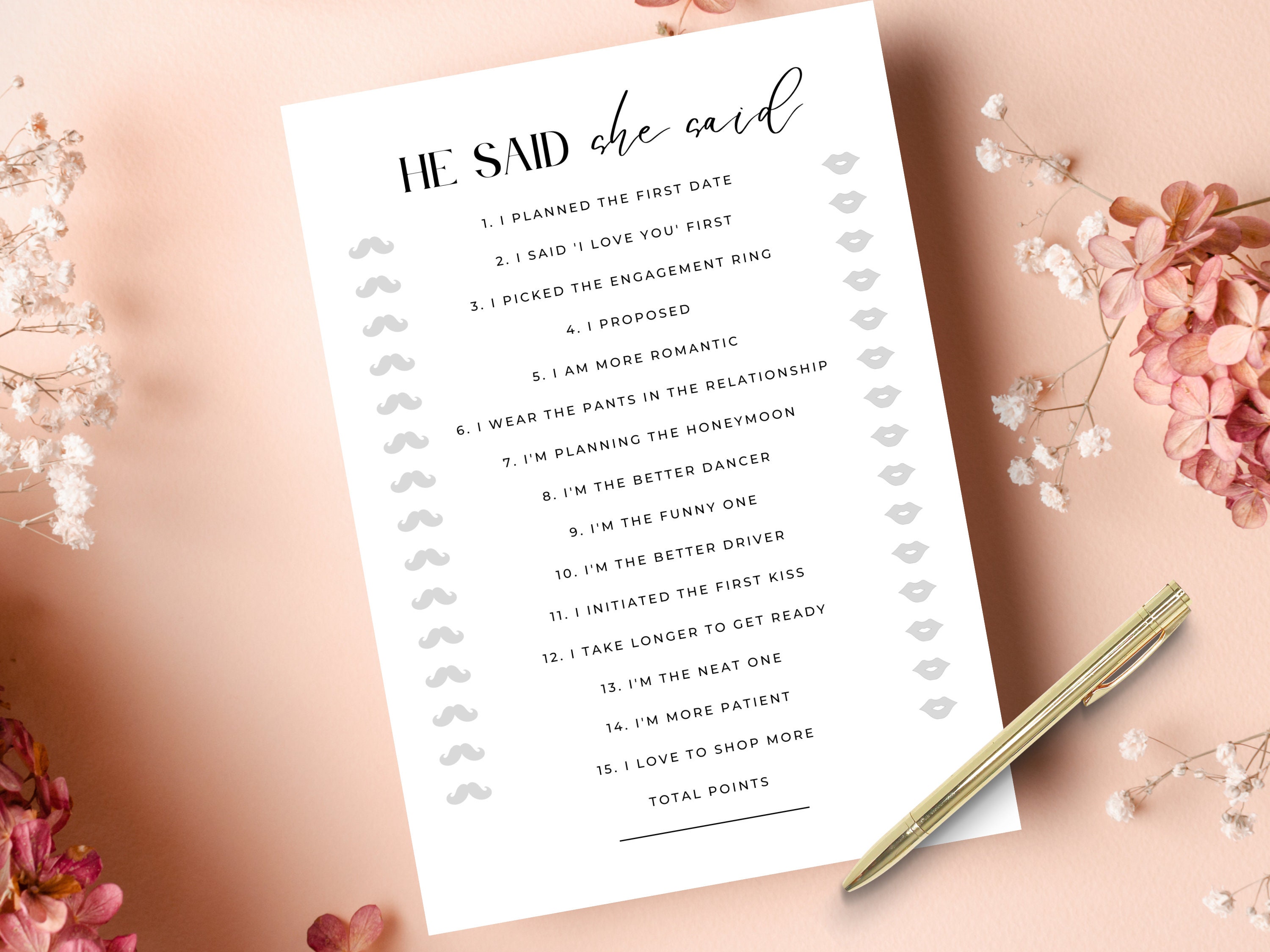 He Said She Said Bridal Shower Game Printable, Bachelorette Party Game ...