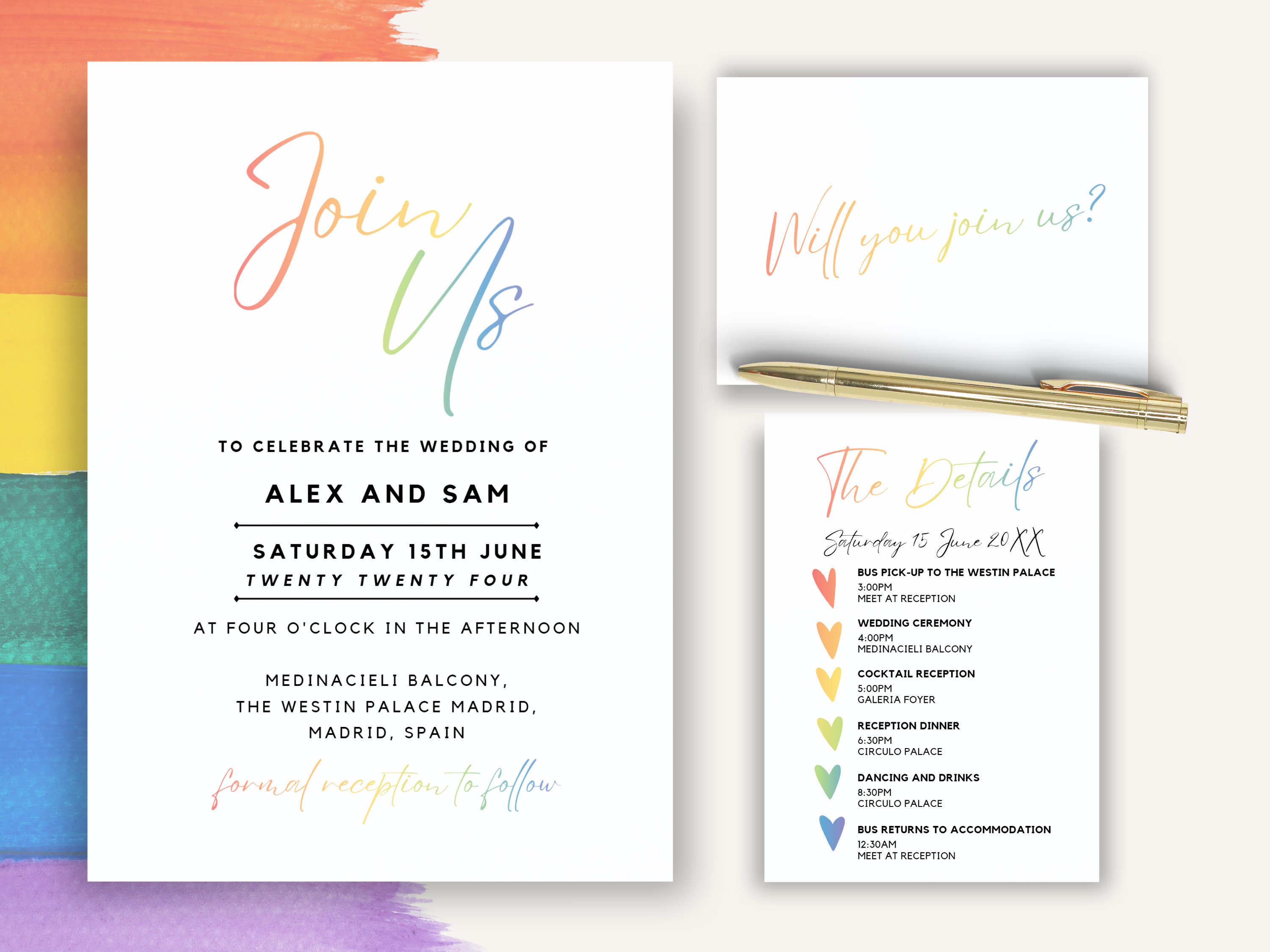 Rainbow Wedding Invitation Suite Canva Template, DIY Wedding Invite Kit ...