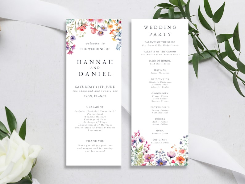 Double-sided Wedding Program Template, Wildflower Wedding Order of ...