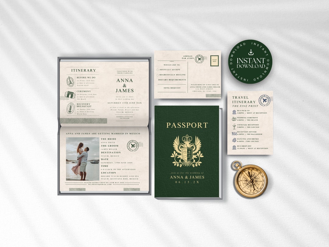 Editable Passport Wedding Invitation Green, Travel Theme Invite Bundle ...