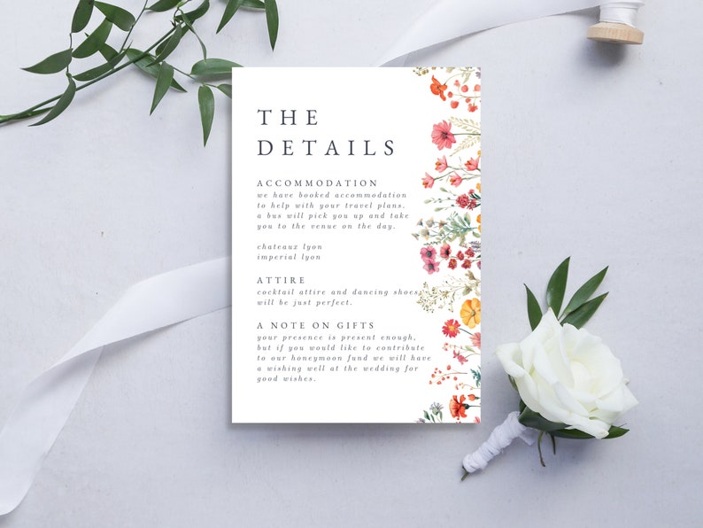Wedding Details Card Template, Wildflower Wedding Invitation Insert ...