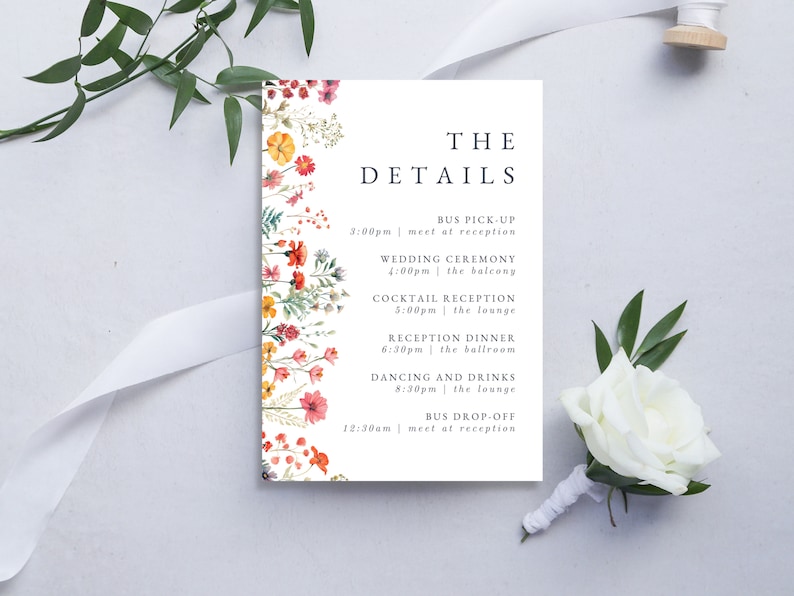 Wedding Details Card Template, Wildflower Wedding Invitation Insert ...