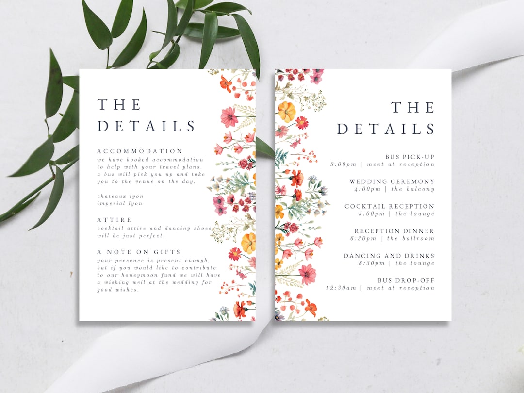 Wedding Details Card Template, Wildflower Wedding Invitation Insert ...