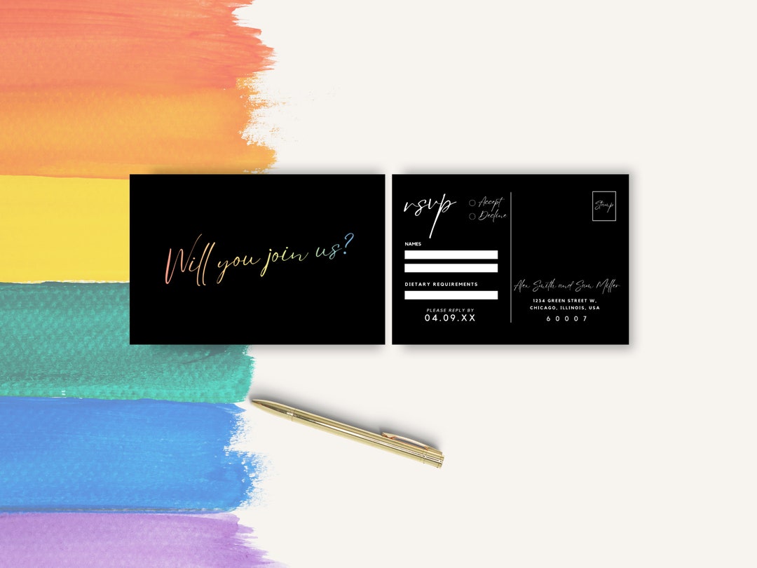 LGBTQ Wedding RSVP Postcard Template, Rainbow Wedding Invitation Insert ...