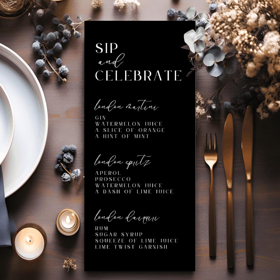 Wedding Cocktail Menu Template, Black and White Bar Menu, Printable ...