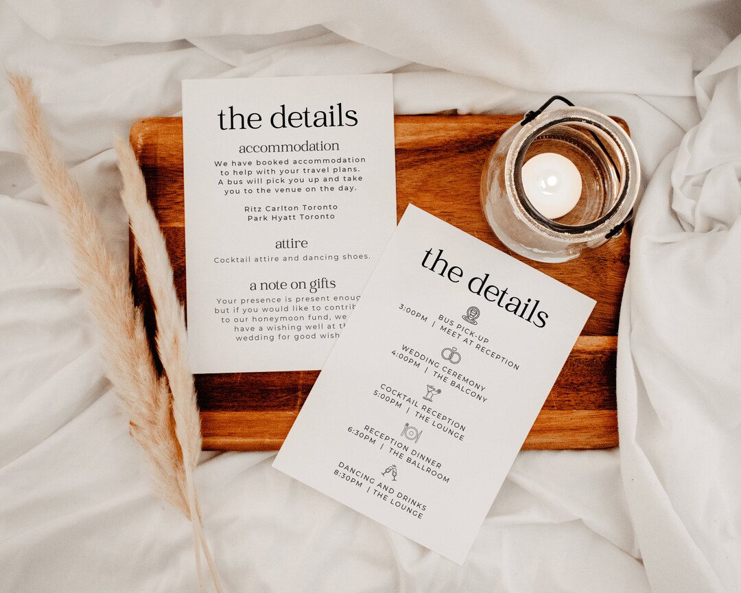 Wedding Details Card Template, Modern Wedding Invitation Insert, Simple ...