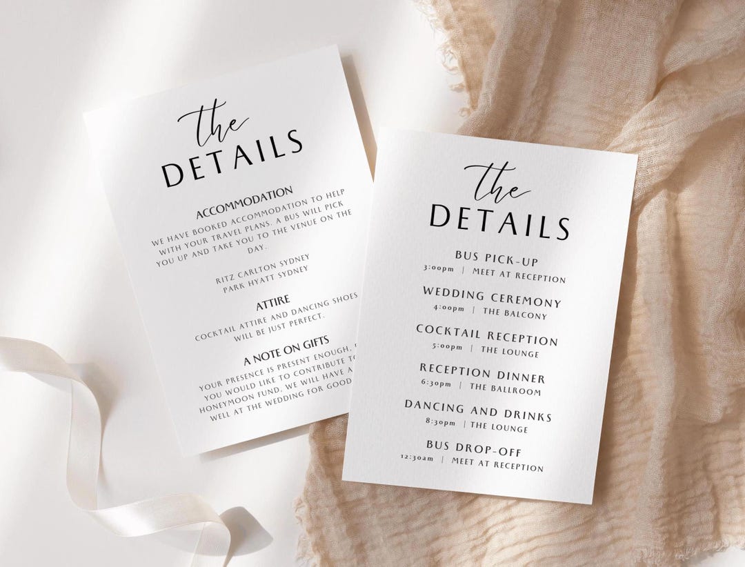 Minimal Wedding Details Card, Printable Travel Information Template for ...