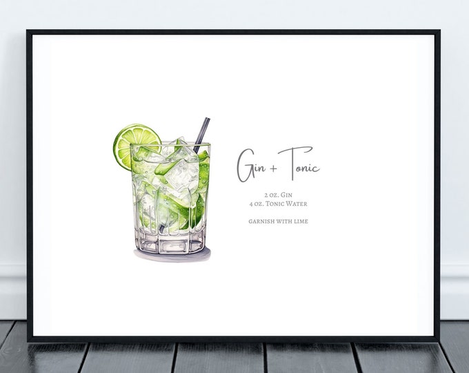 Gin and Tonic Cocktail Print Art With Classic Cocktail Recipe. Drinks ...
