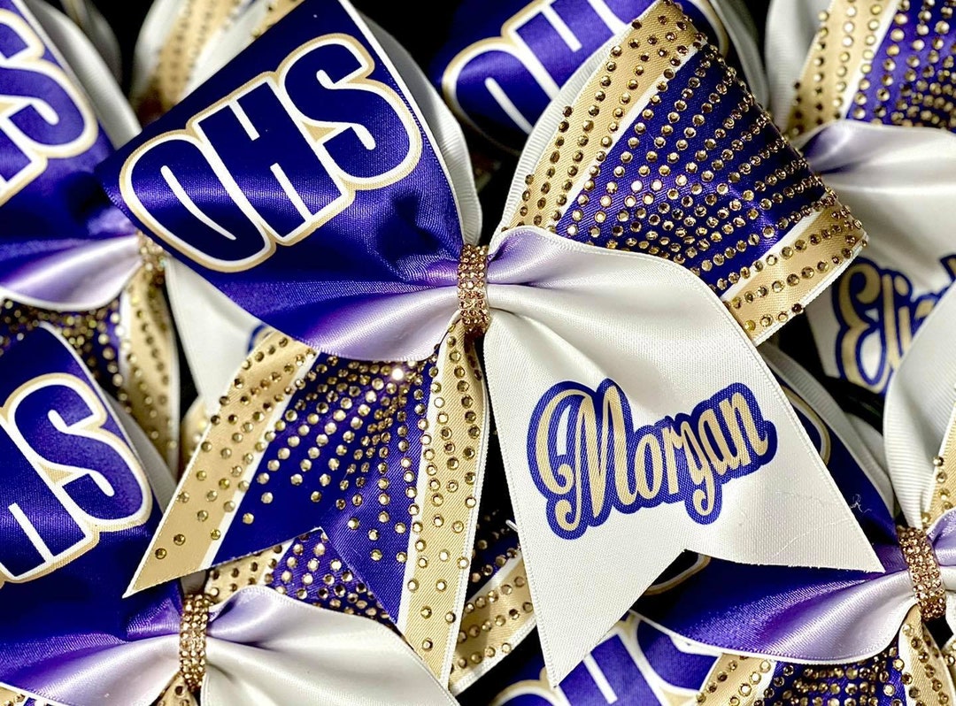 Satin & Gold Rhinestone Personalized Cheer Bow - TEAM DISCOUNTS ...