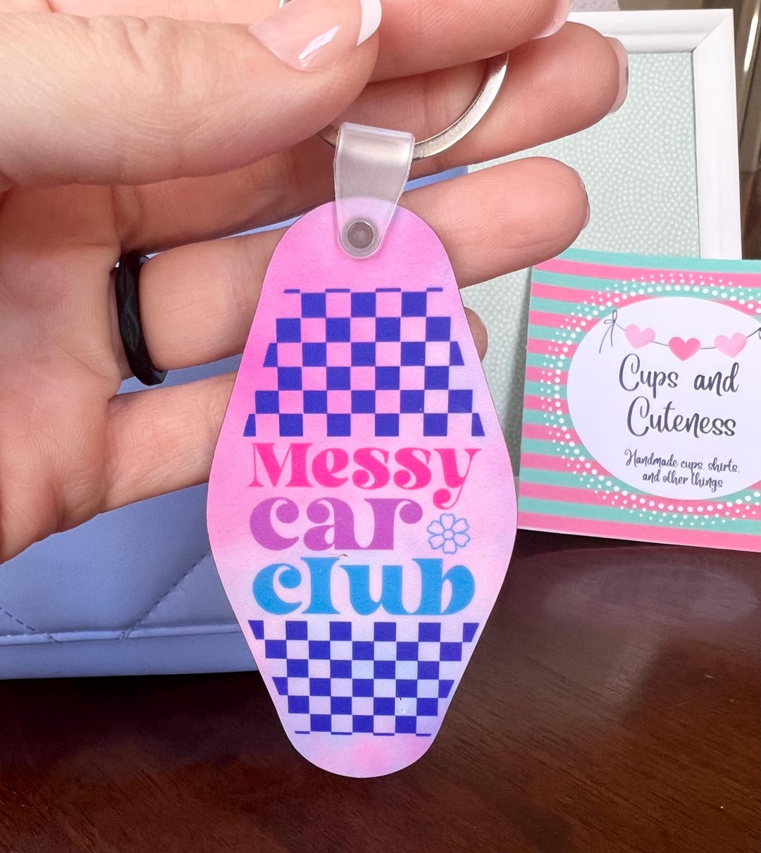 Messy Car Club Keychain, Funny Pink and Blue Checkered Motel Keyring ...