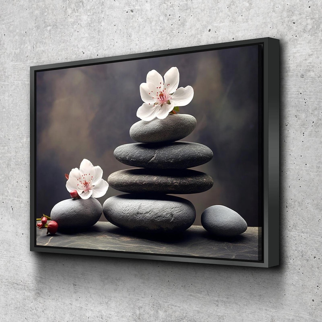 Floral Zen Stones Black Spa Bathroom Wall Art | Bathroom Wall Decor ...