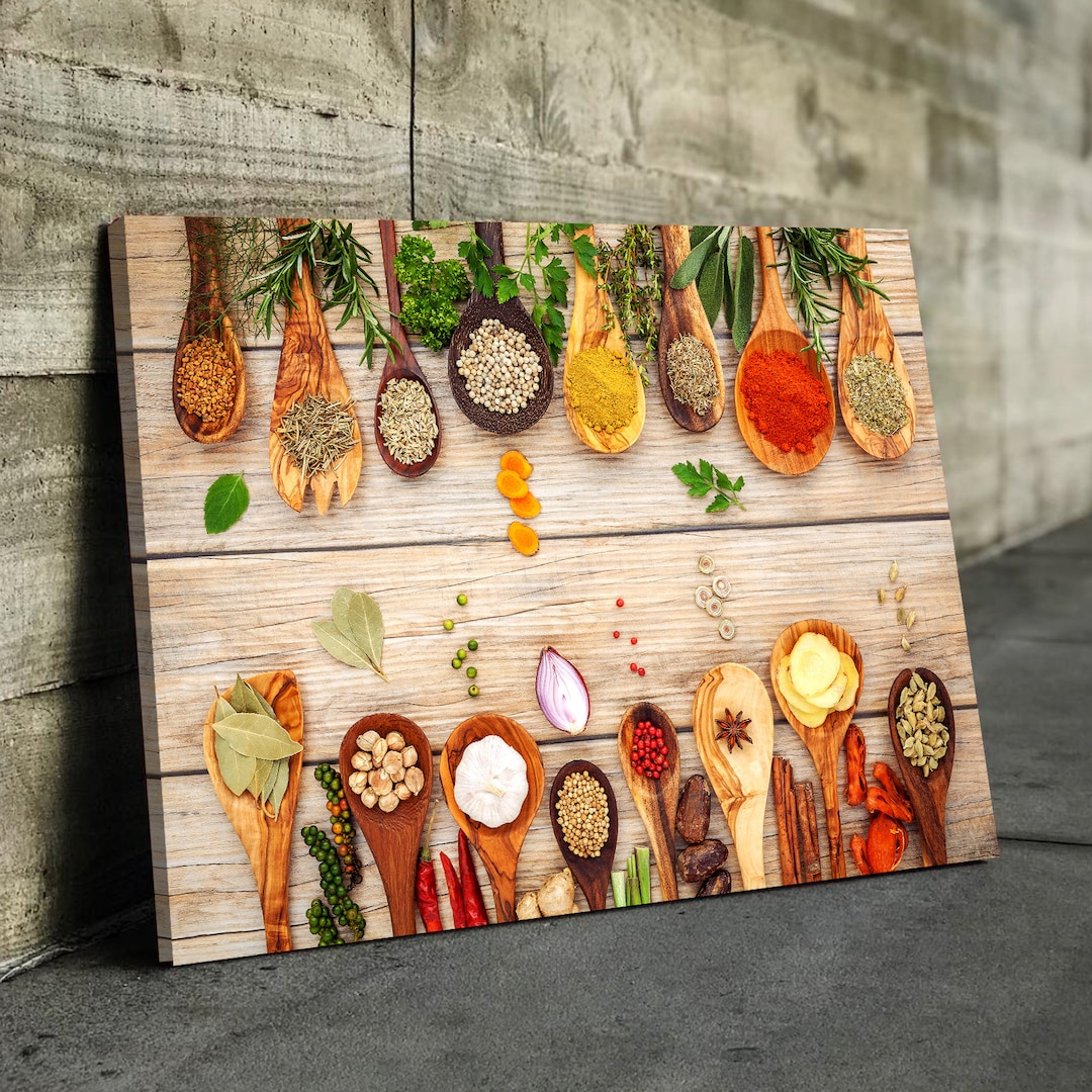 Spices on Wood Herbs Spices Kitchen Canvas Wall Art | Kitchen Canvas ...