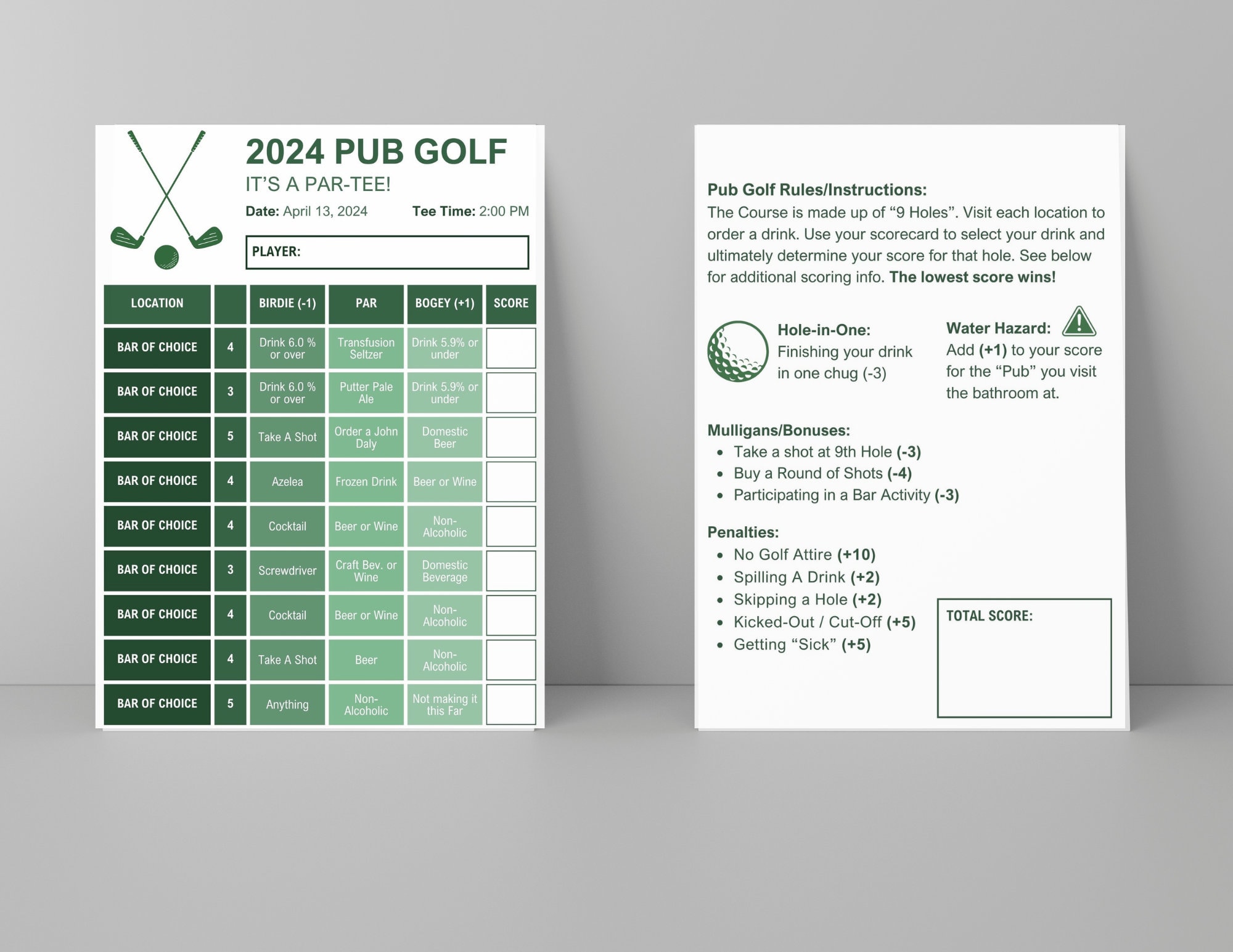 TEMPLATE Pub Golf Score Card - Fully Customizable - Etsy