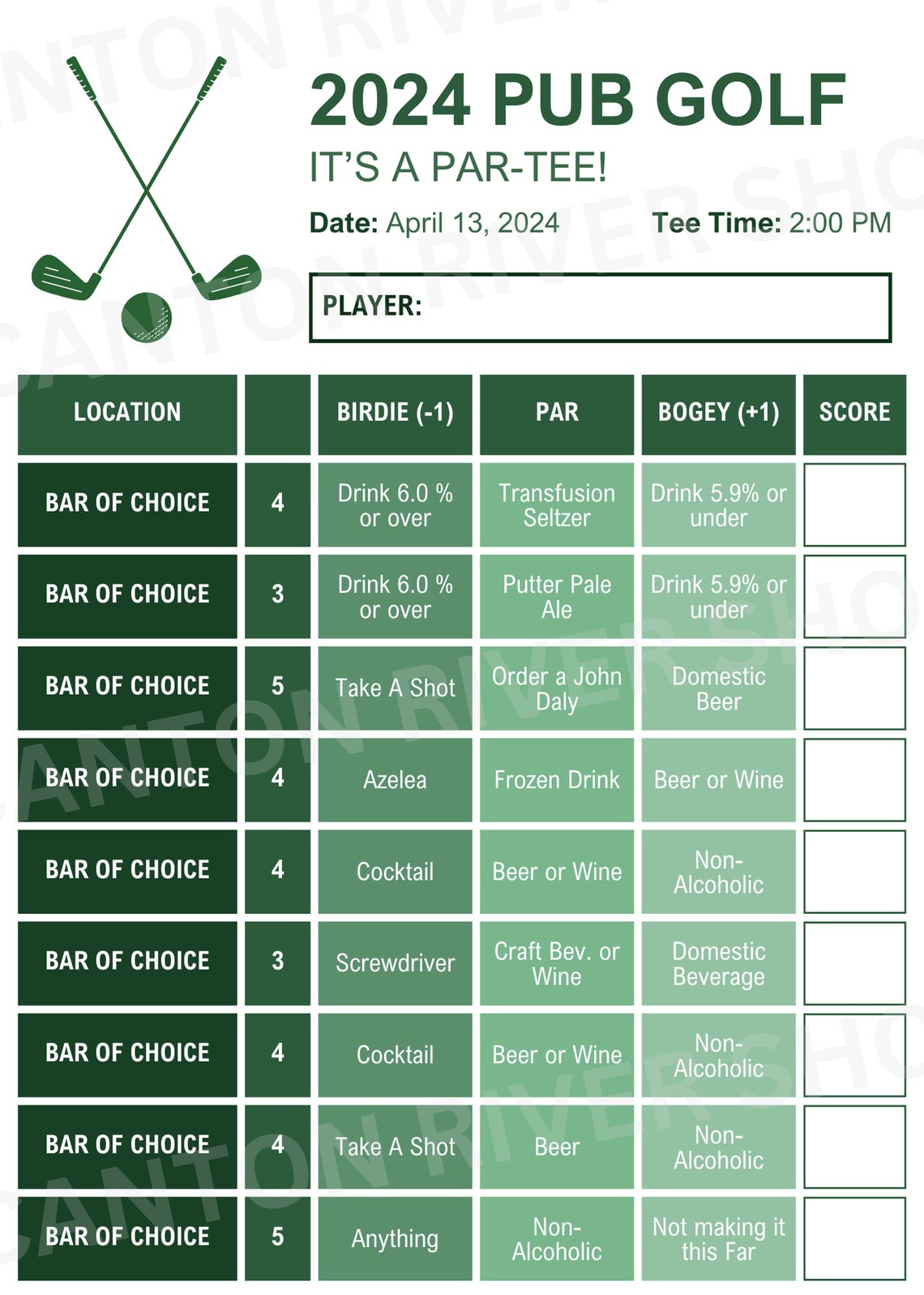 TEMPLATE Pub Golf Score Card - Fully Customizable - Etsy