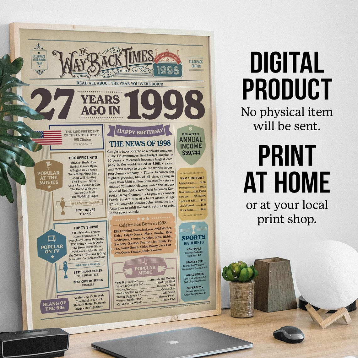 1998 Birthday Newspaper Poster, 27th Birthday Gift (digital Download ...