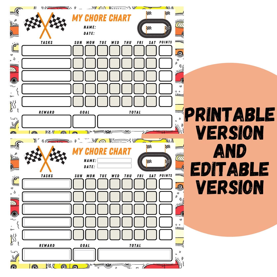 Cars Chore Chart Editable PDF for Kids Kids Chore Chart PDF ...