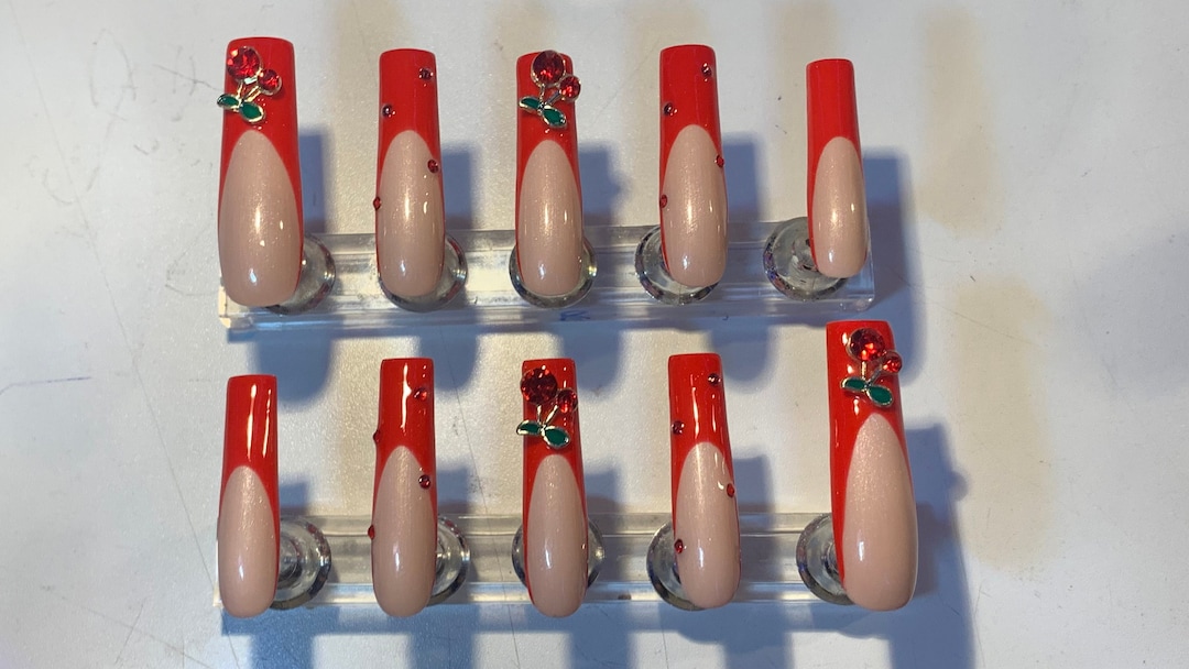 Cherry French Tip Nails Red French Tips - Etsy