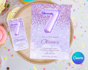 Editable 7th Birthday Invitation Template Pink Glitter Rainbow ...