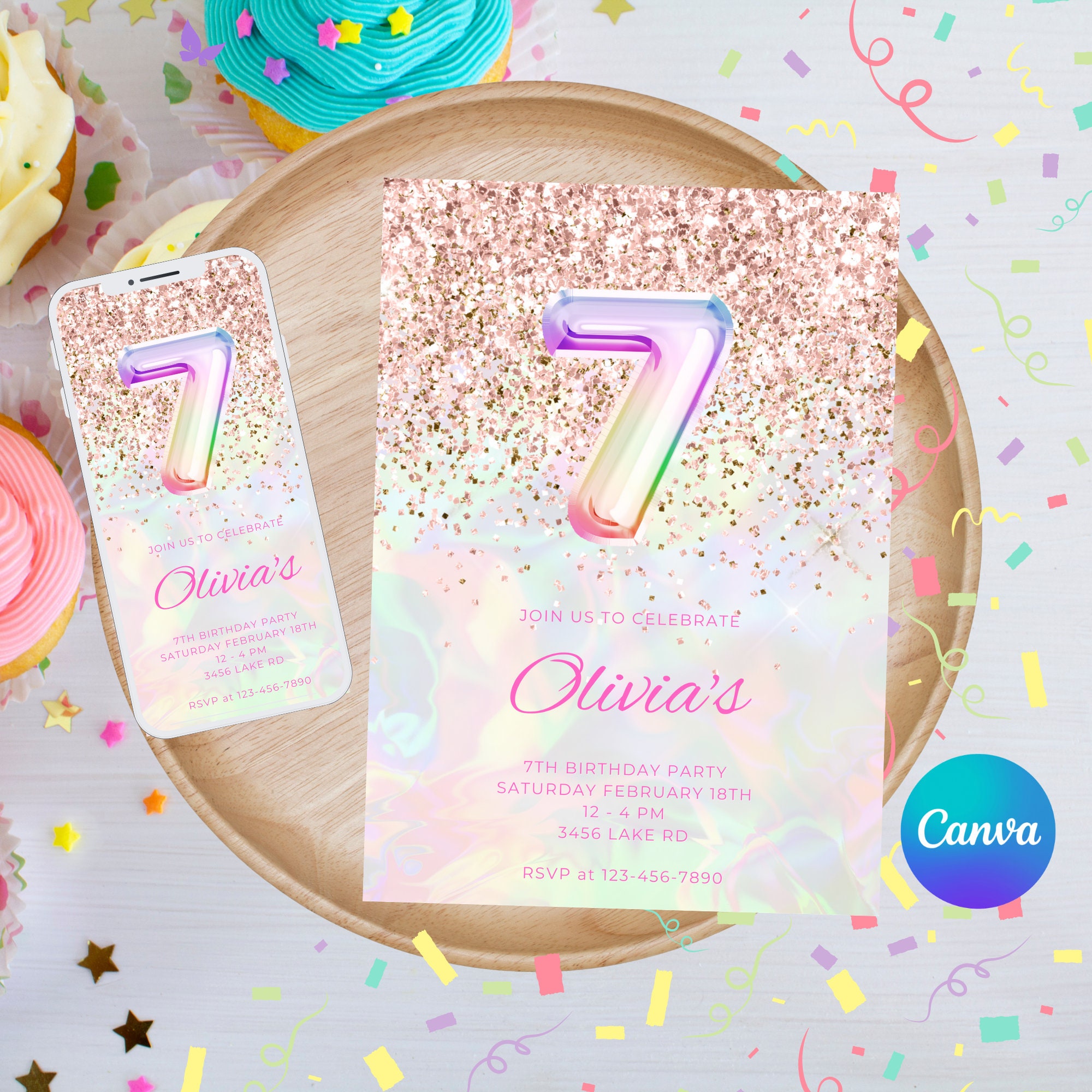 Editable 7th Birthday Iridescent Invitation Template Pink Glitter ...