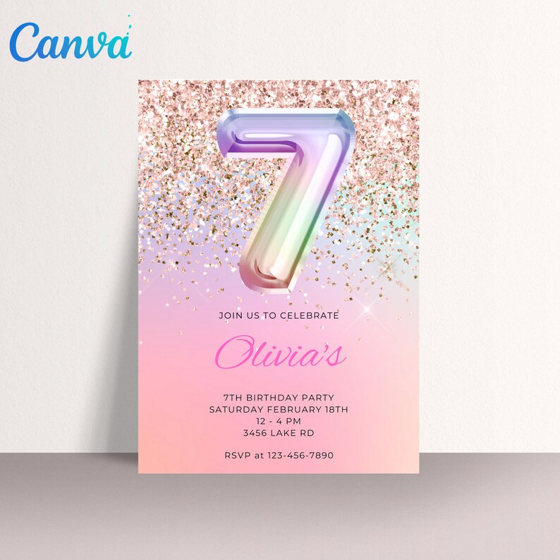 Editable 7th Birthday Invitation Template Pink Glitter Rainbow ...