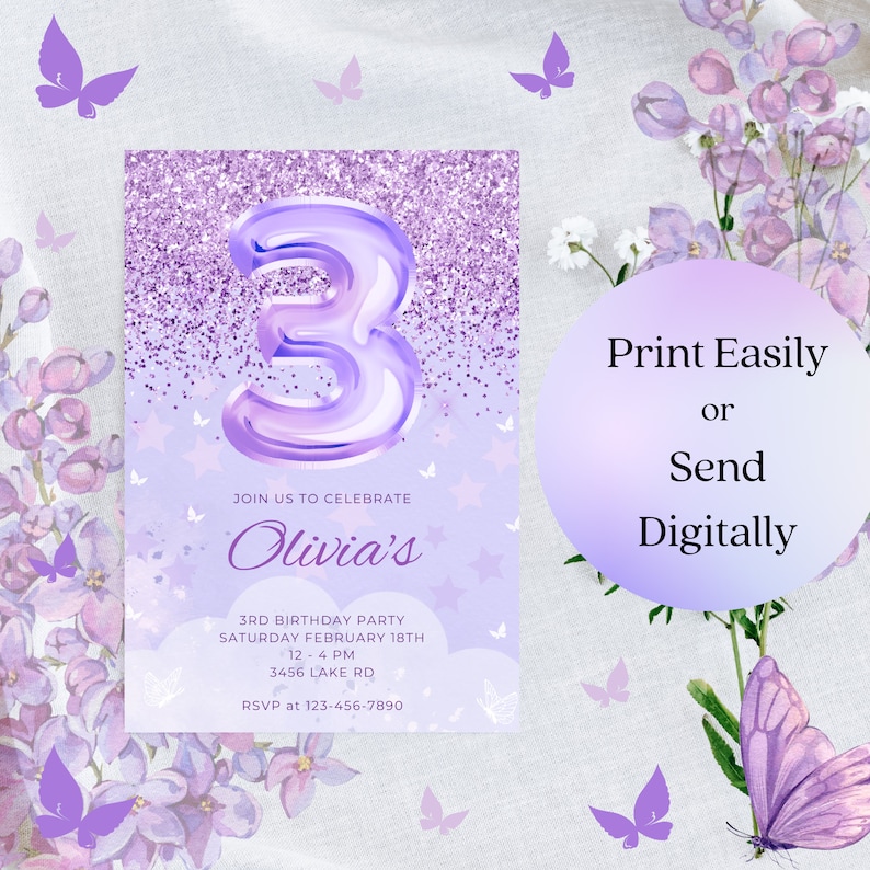 Editable 3rd Birthday Invitation Template Purple Glitter Butterfly ...