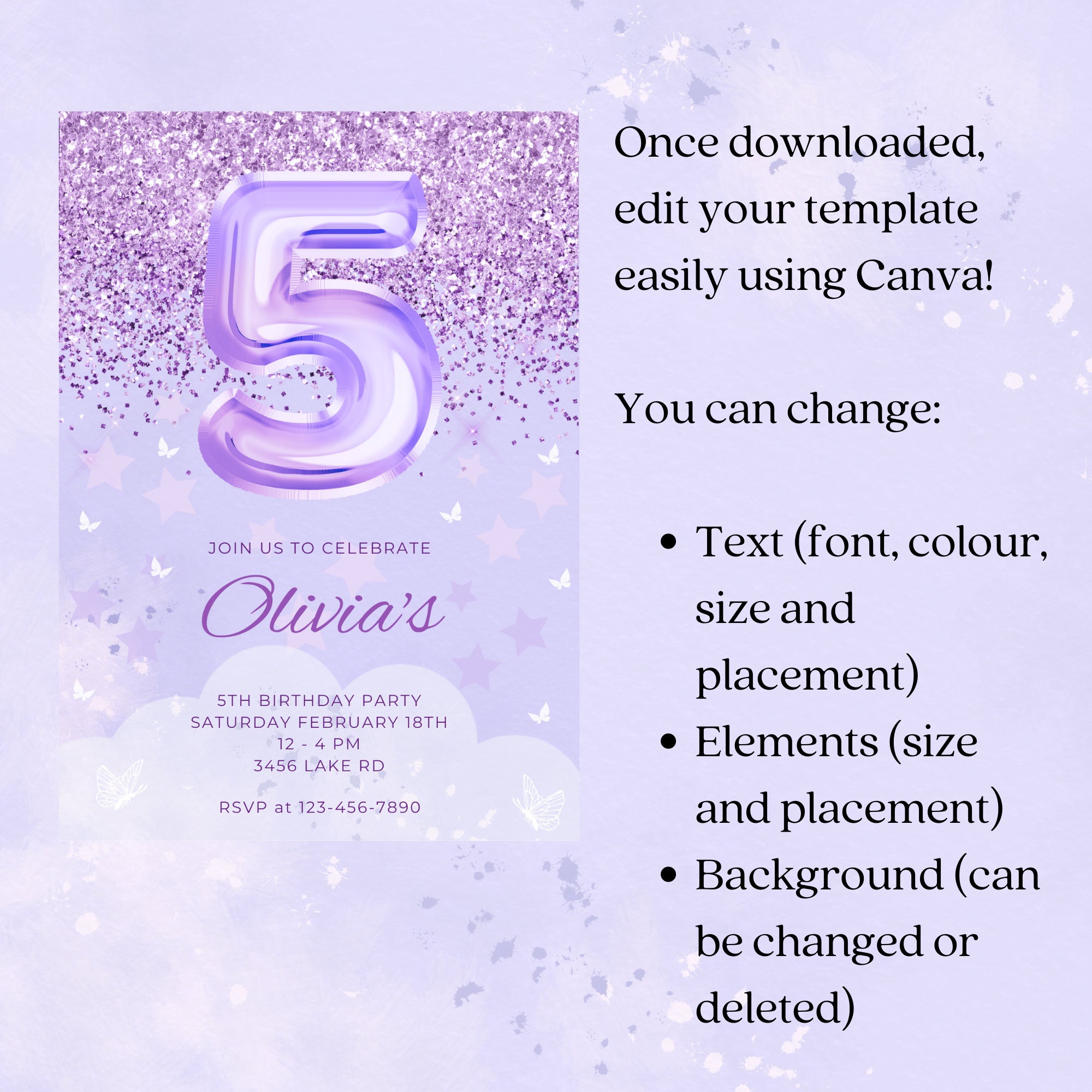 Editable 5th Birthday Invitation Template Purple Glitter Butterfly ...
