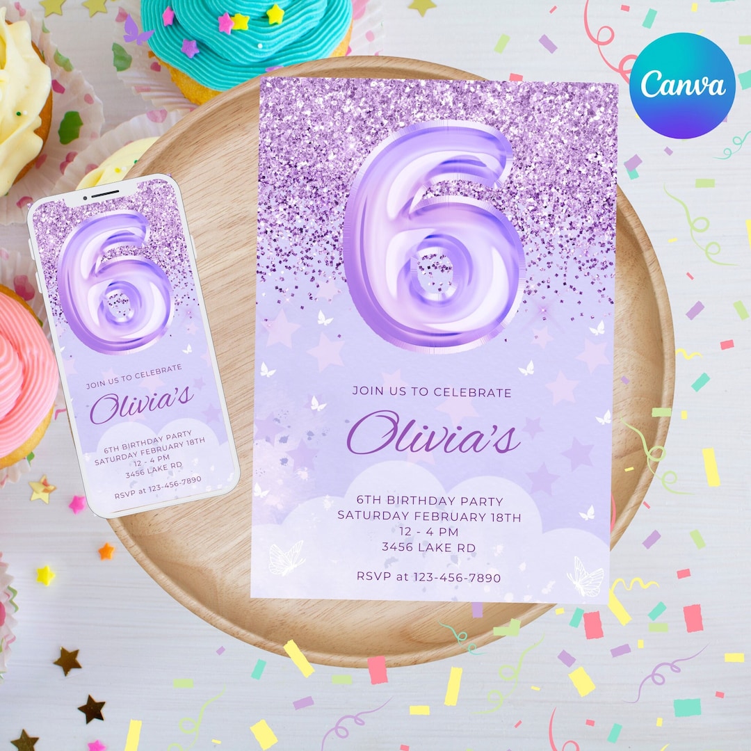 Editable 6th Birthday Invitation Template Purple Glitter Butterfly ...