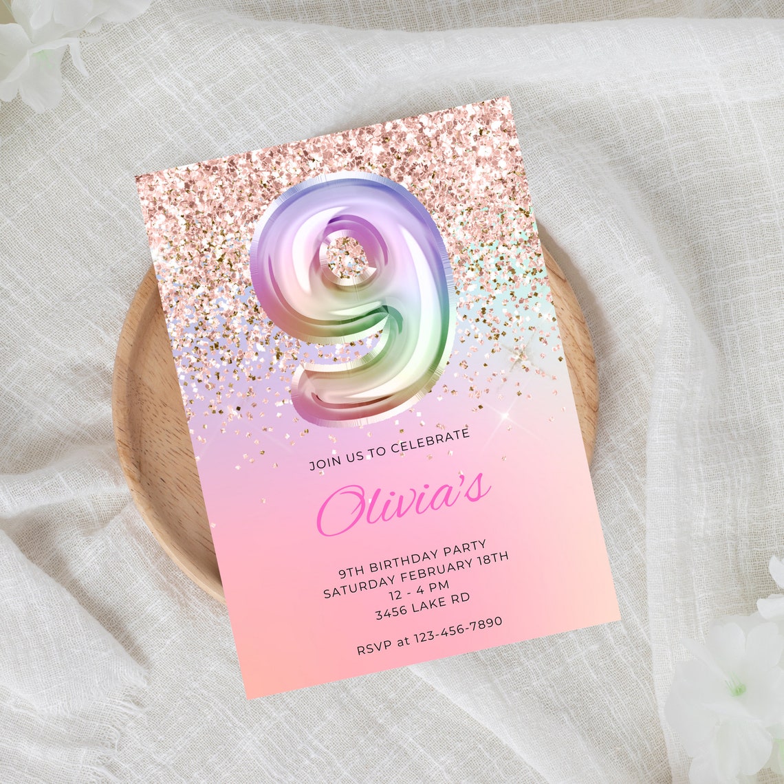 Editable 9th Birthday Invitation Template Pink Glitter Rainbow ...