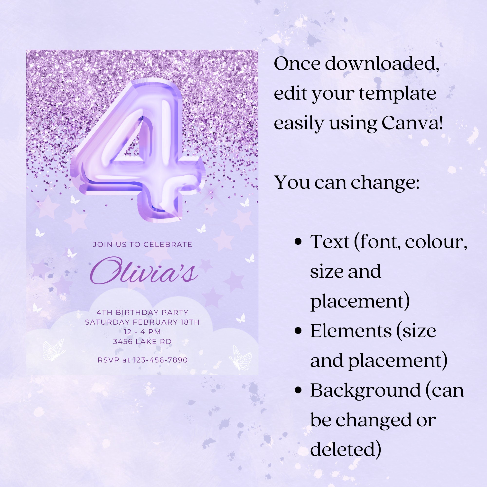Editable 4th Birthday Invitation Template Purple Glitter Butterfly ...