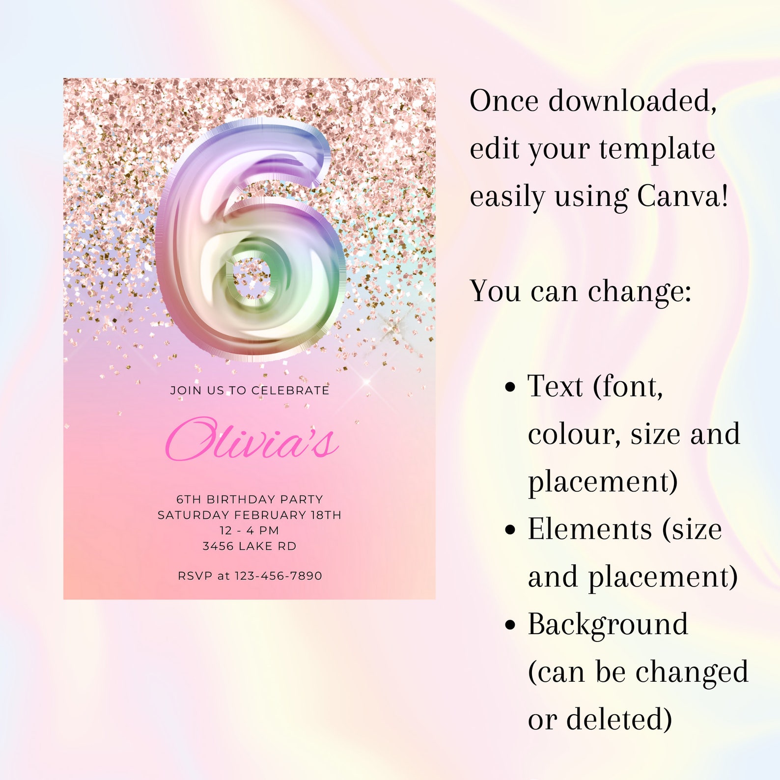 Editable 6th Birthday Iridescent Invitation Template Pink Glitter ...