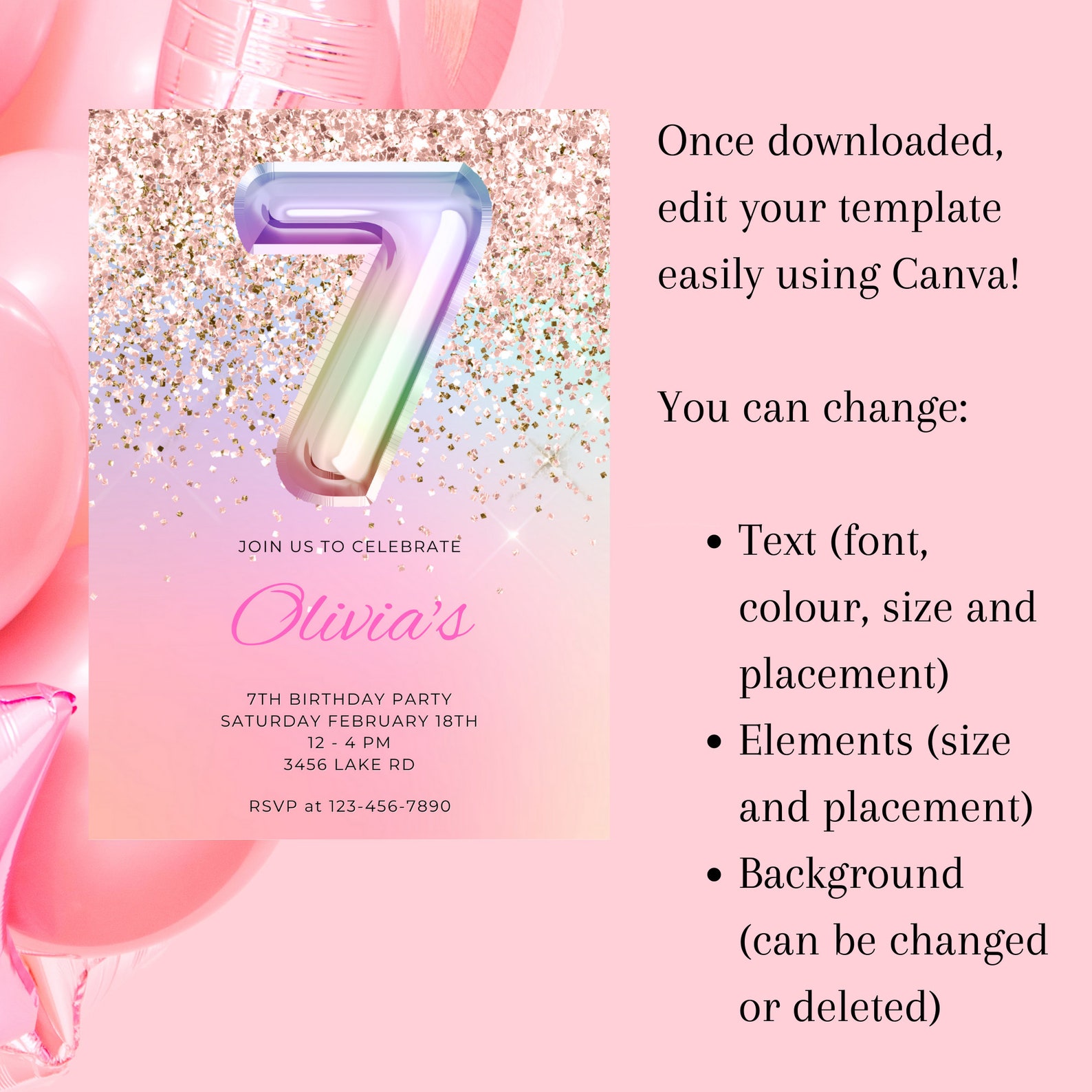 Editable 7th Birthday Invitation Template Pink Glitter Rainbow ...