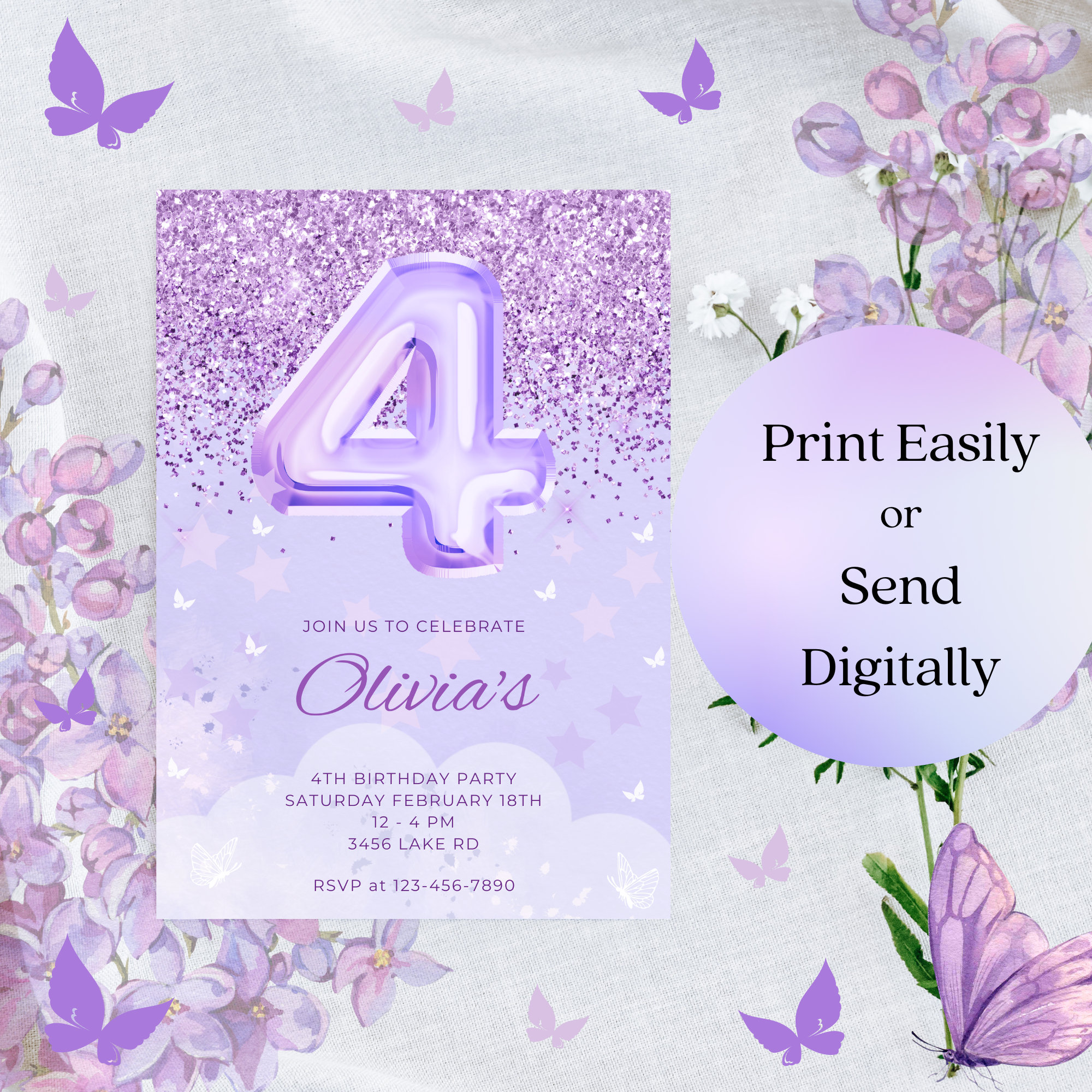 Editable 4th Birthday Invitation Template Purple Glitter Butterfly ...