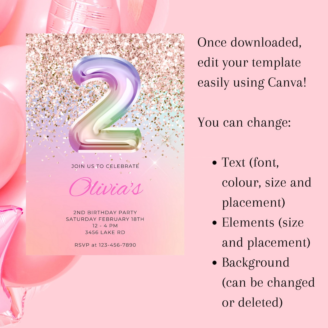 Editable 2nd Birthday Invitation Template Pink Glitter Rainbow ...