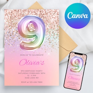 Editable 9th Birthday Invitation Template Pink Glitter Rainbow ...