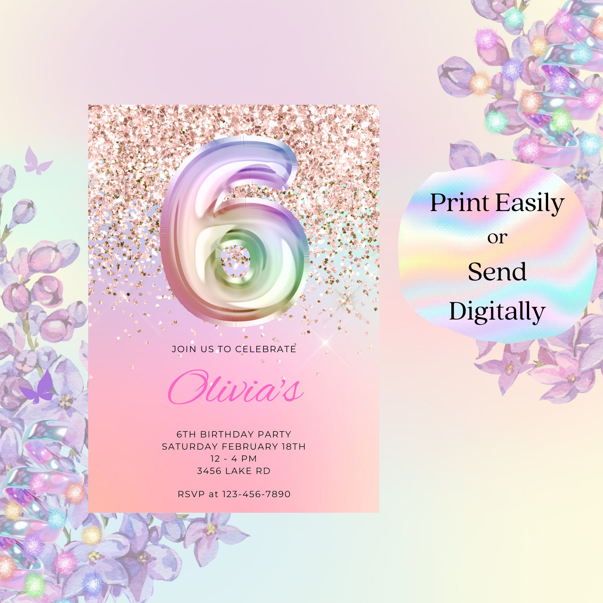 Editable 6th Birthday Iridescent Invitation Template Pink Glitter ...