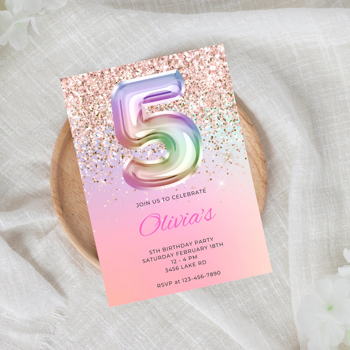 Editable 5th Birthday Invitation Template Pink Glitter Rainbow ...