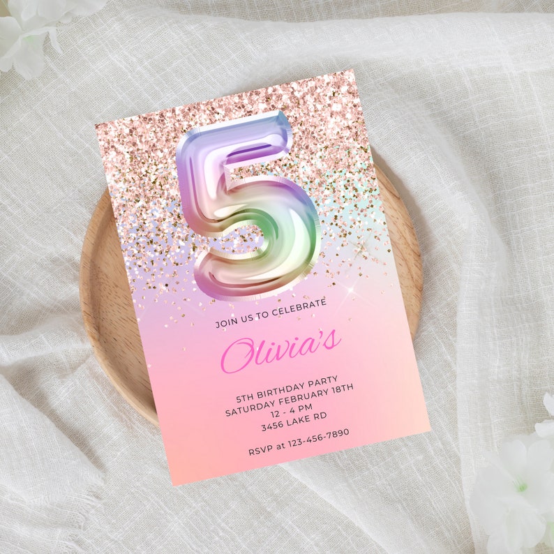 Editable 5th Birthday Invitation Template Pink Glitter Rainbow ...