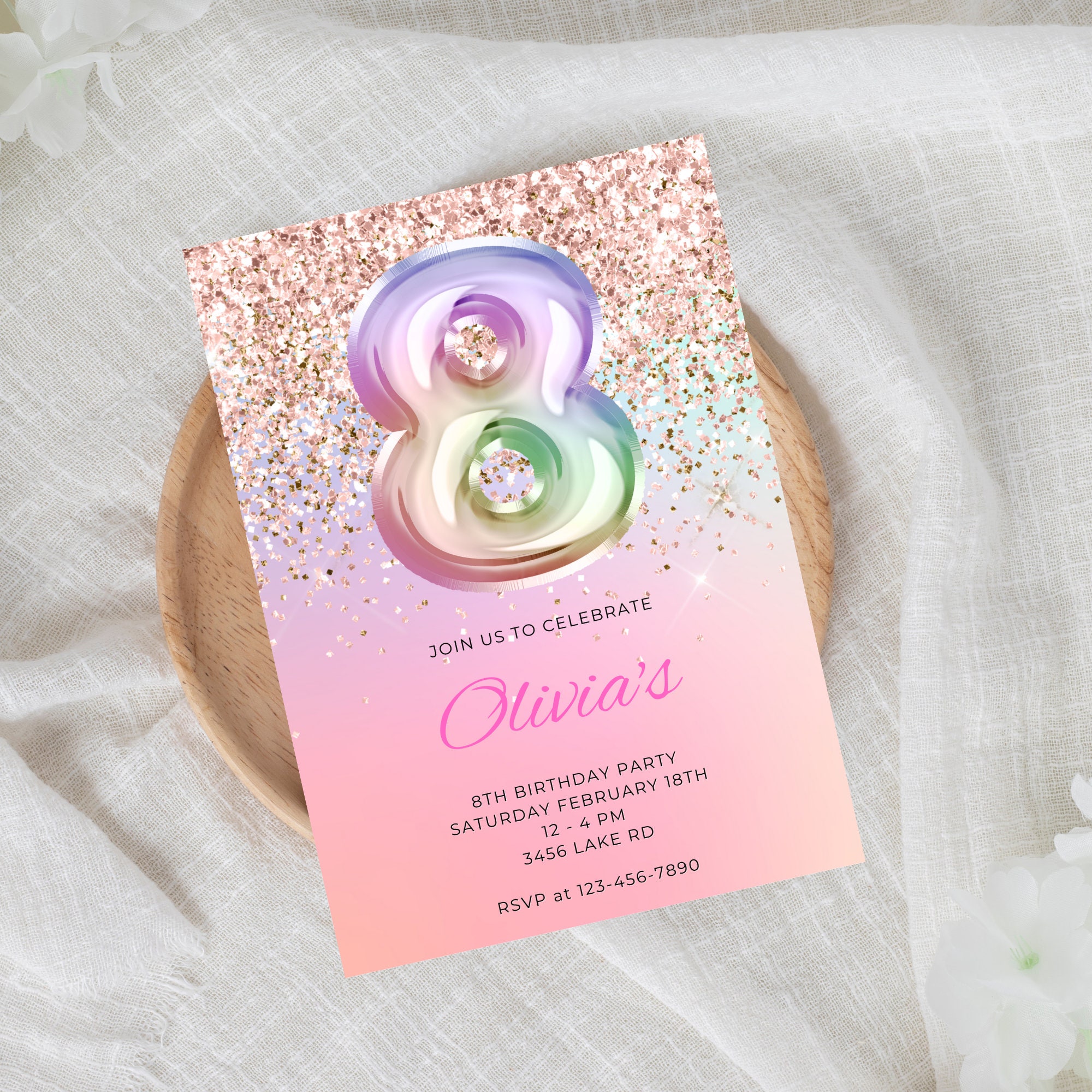 Editable 8th Birthday Invitation Template Pink Glitter Rainbow ...