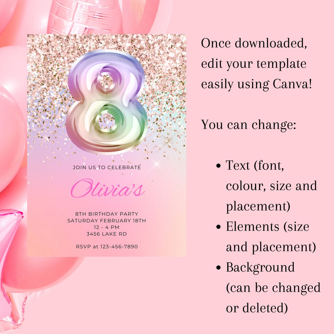 Editable 8th Birthday Invitation Template Pink Glitter Rainbow ...