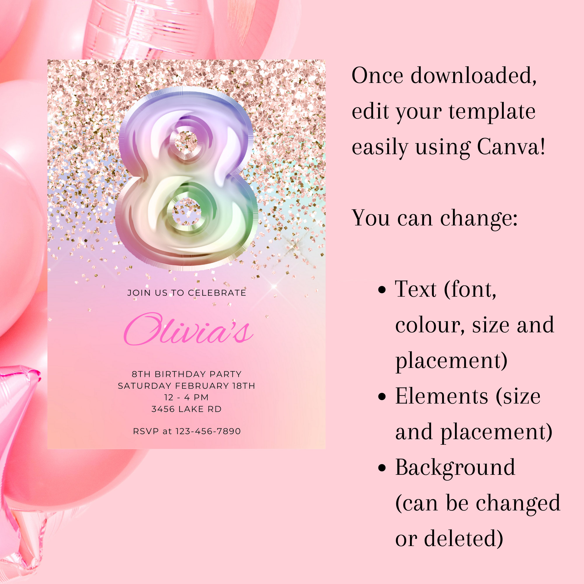 Editable 8th Birthday Invitation Template Pink Glitter Rainbow ...