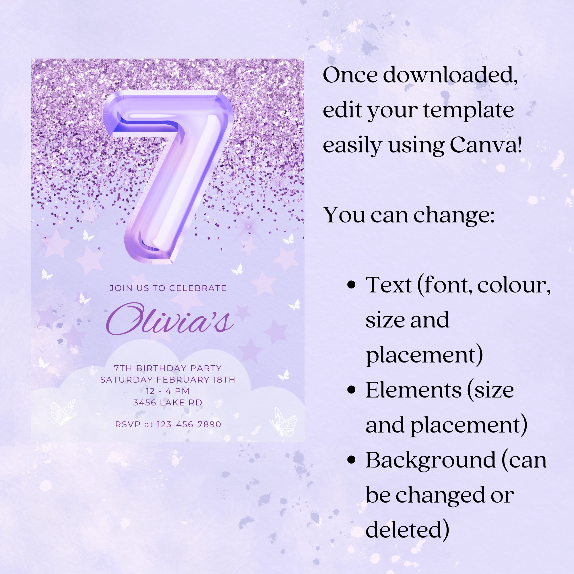 Editable 7th Birthday Invitation Template Purple Glitter Butterfly ...
