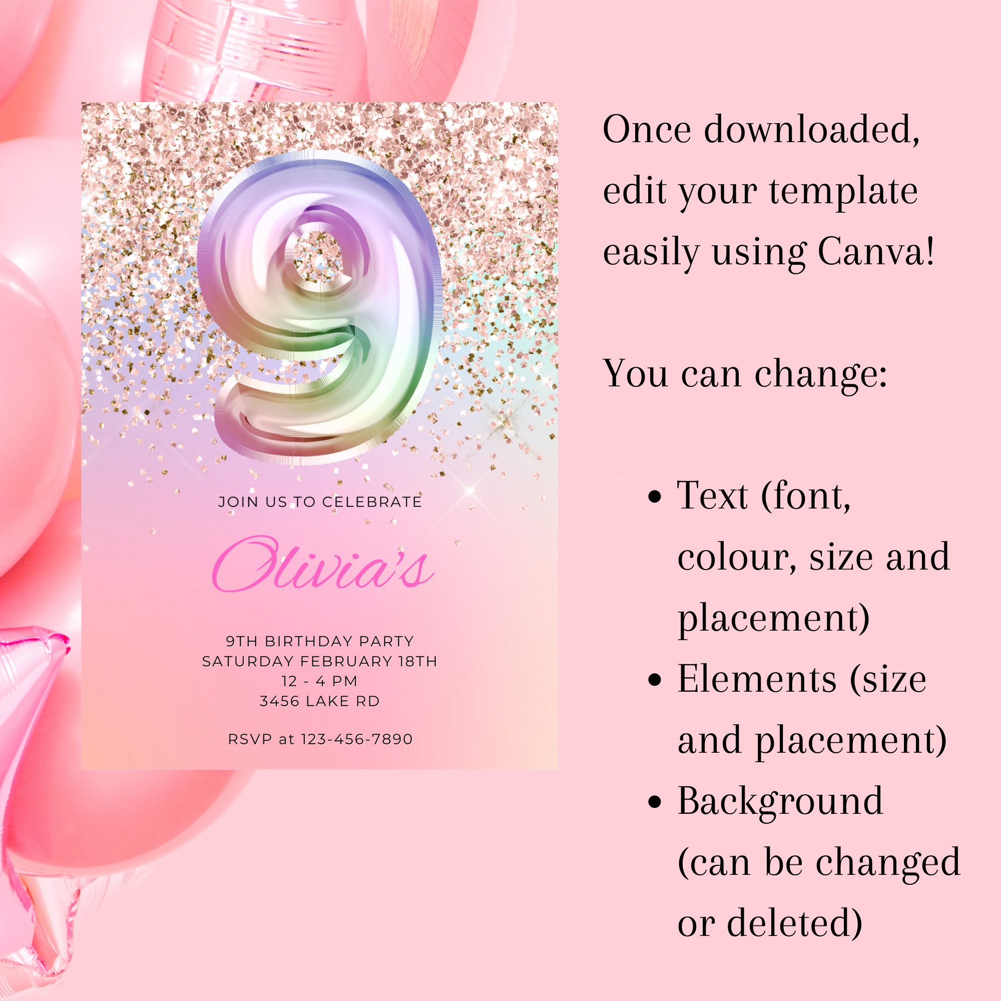Editable 9th Birthday Invitation Template Pink Glitter Rainbow ...